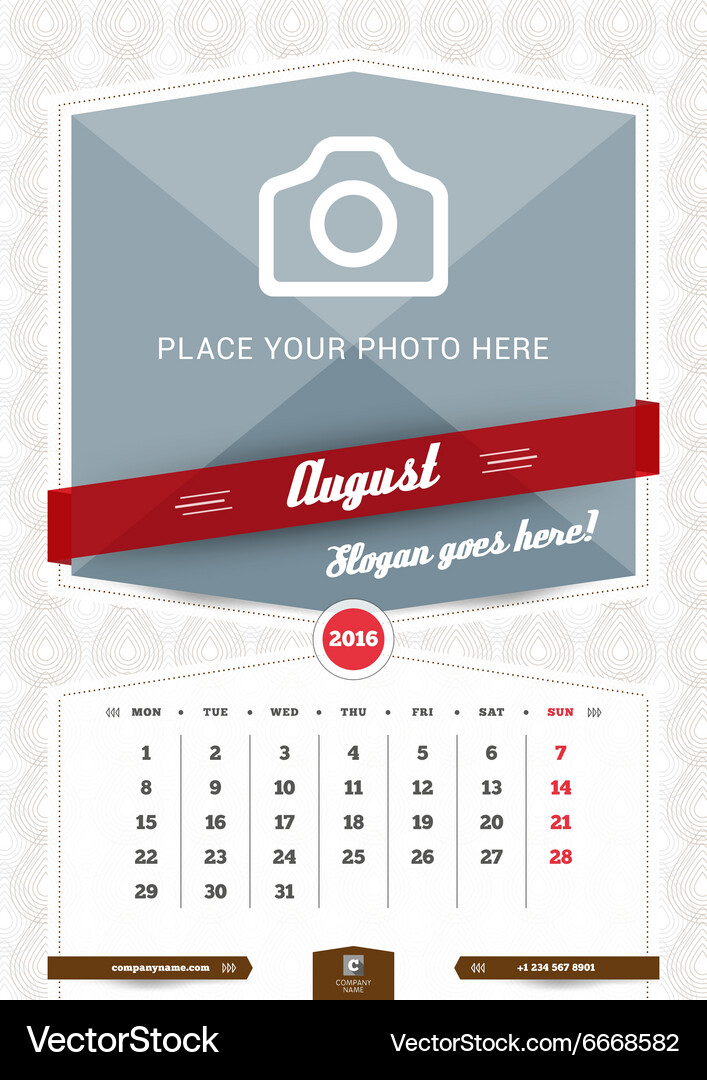 August 2016 wall monthly calendar for 2016 year Vector Image