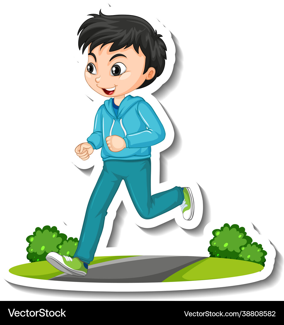 Cartoon character sticker with a boy jogging Vector Image