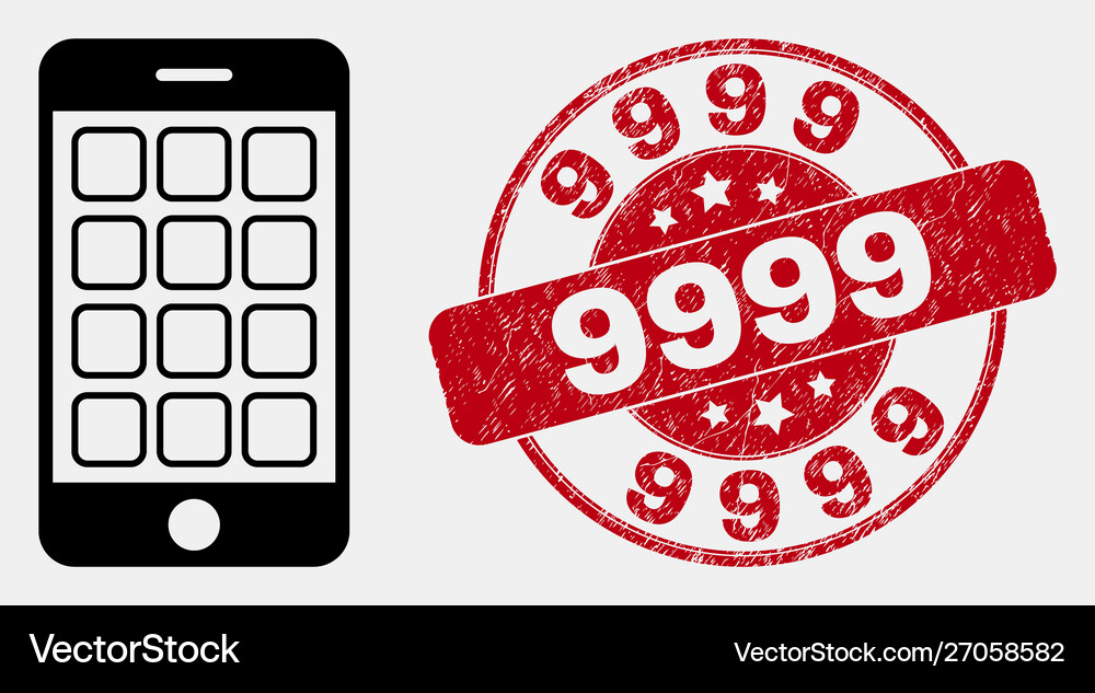 Line mobile phone icon and scratched 9999 Vector Image