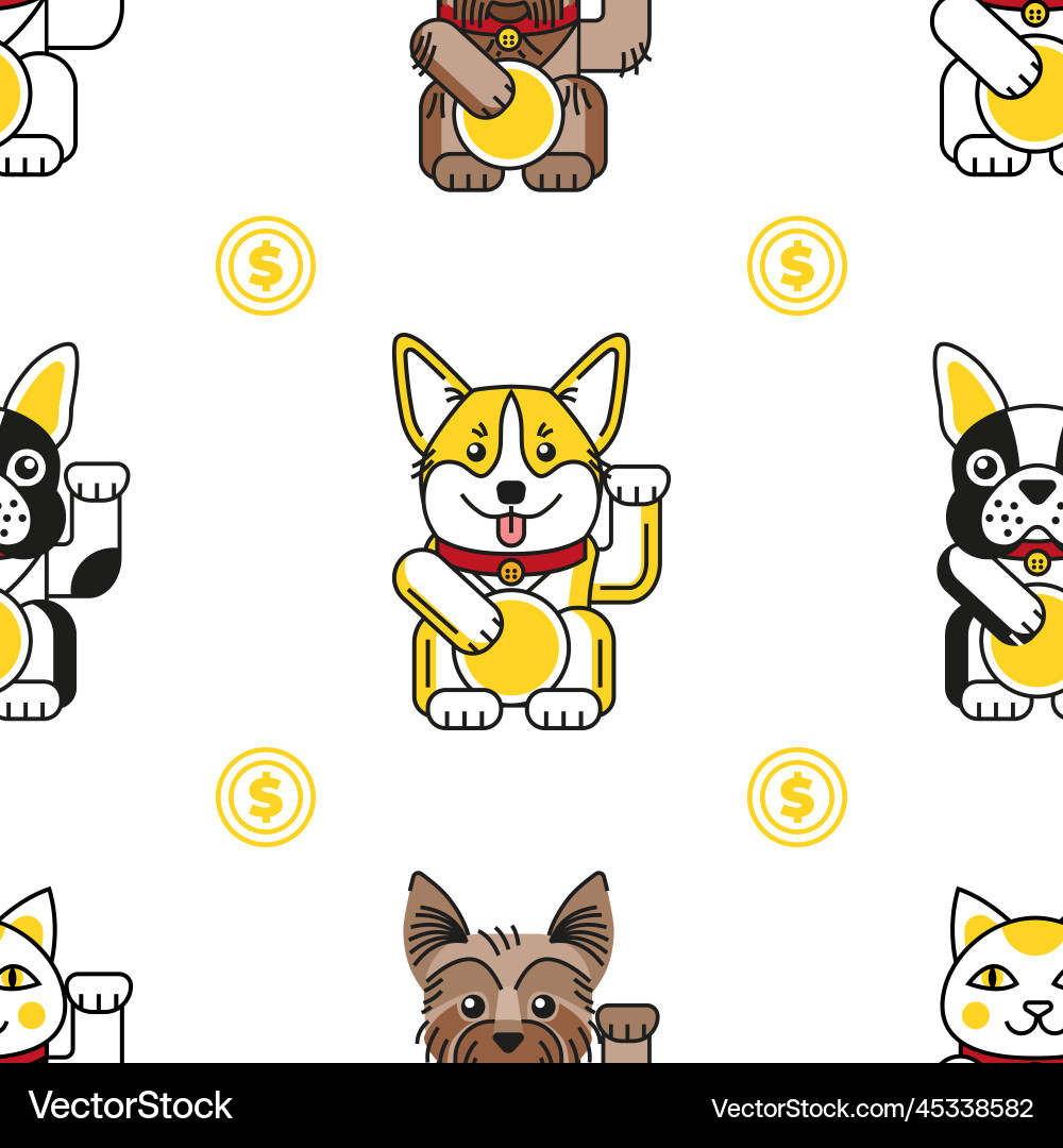 Lucky cat with bulldog corgi yorkshire pattern Vector Image