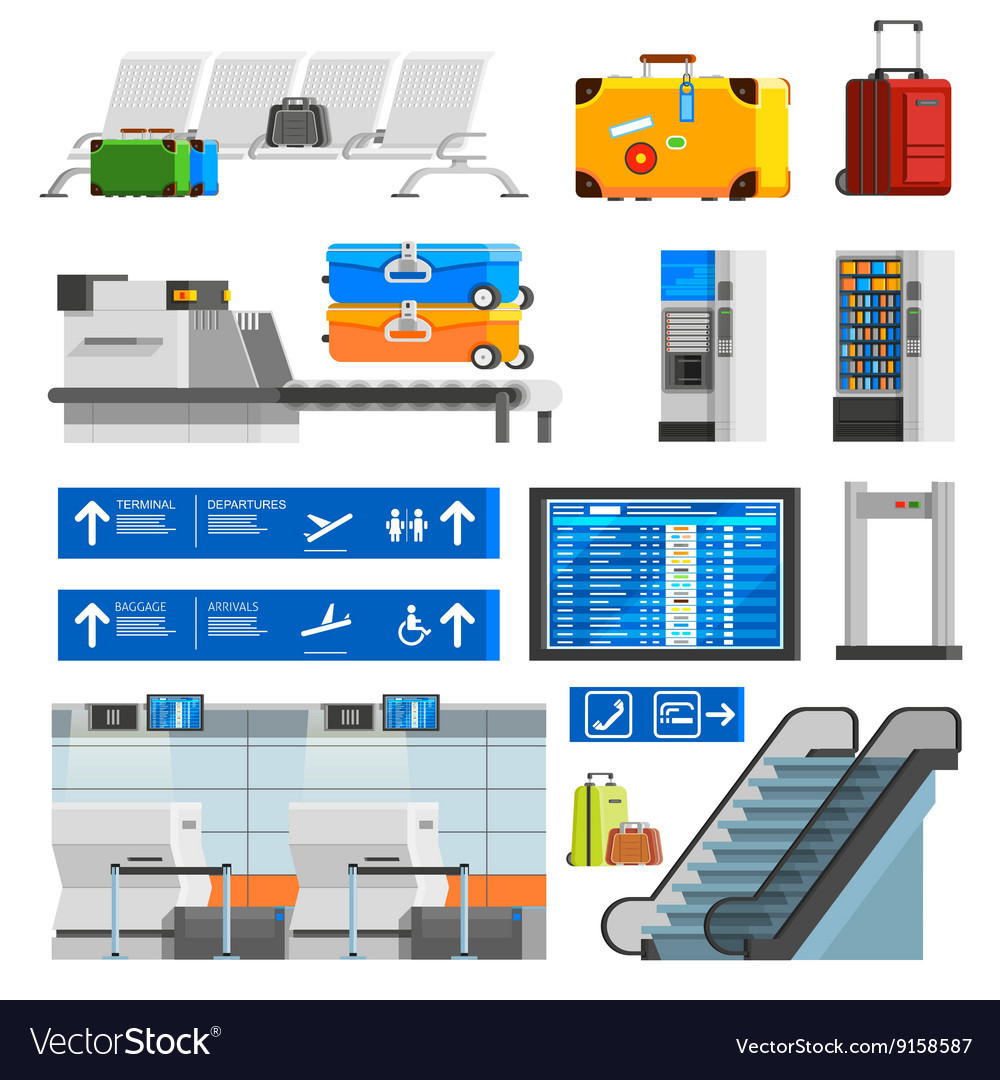 Airport Interior Flat Color Decorative Icons Set Vector Image Airport Interior Flat Color Decorative Icons Set Vector Image