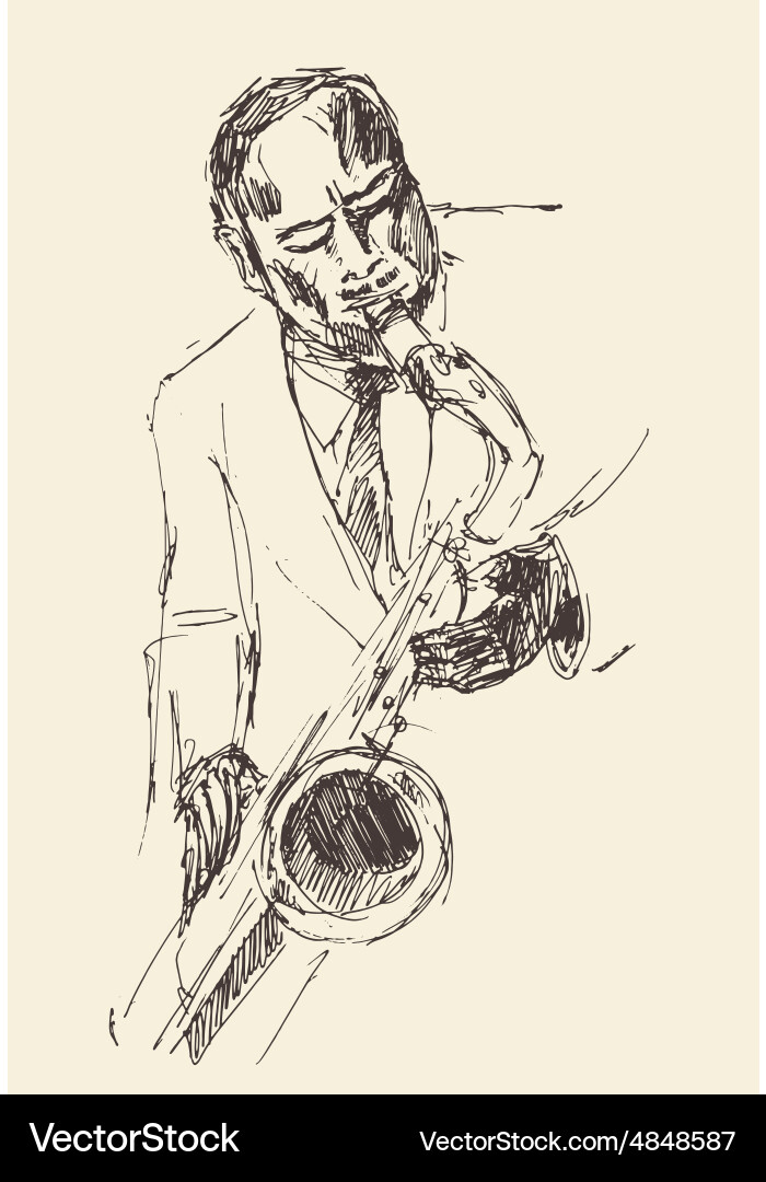 Jazz man playing saxophone hand drawn sketch Vector Image