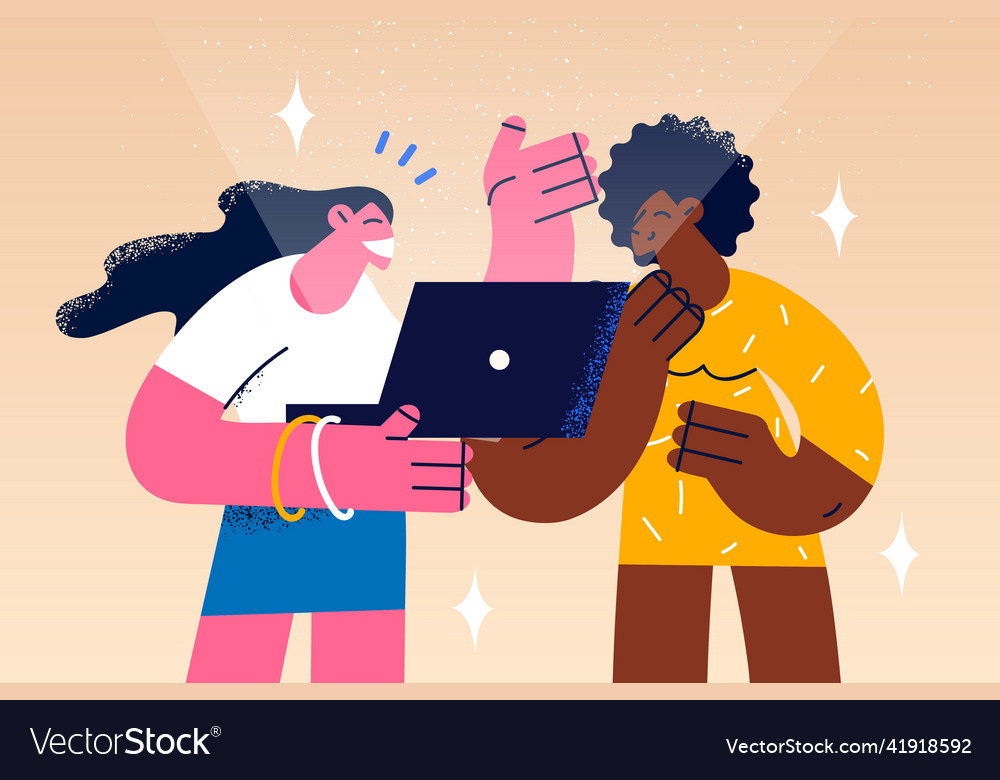 Smiling diverse girls use laptop together Vector Image