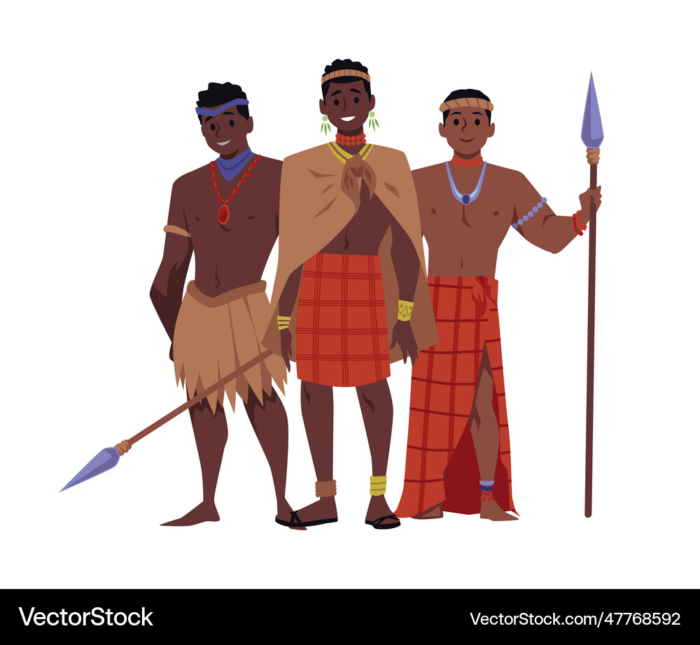 Strong dark-skinned tribal men with a spears Vector Image