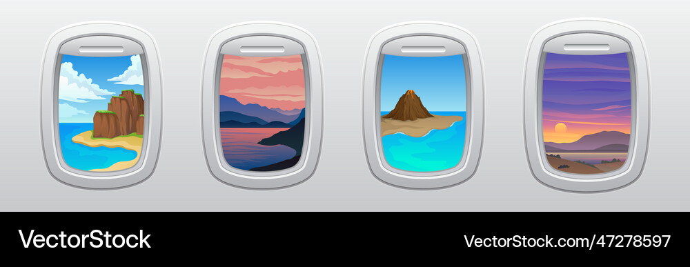 Rounded airplane window with picturesque view Vector Image