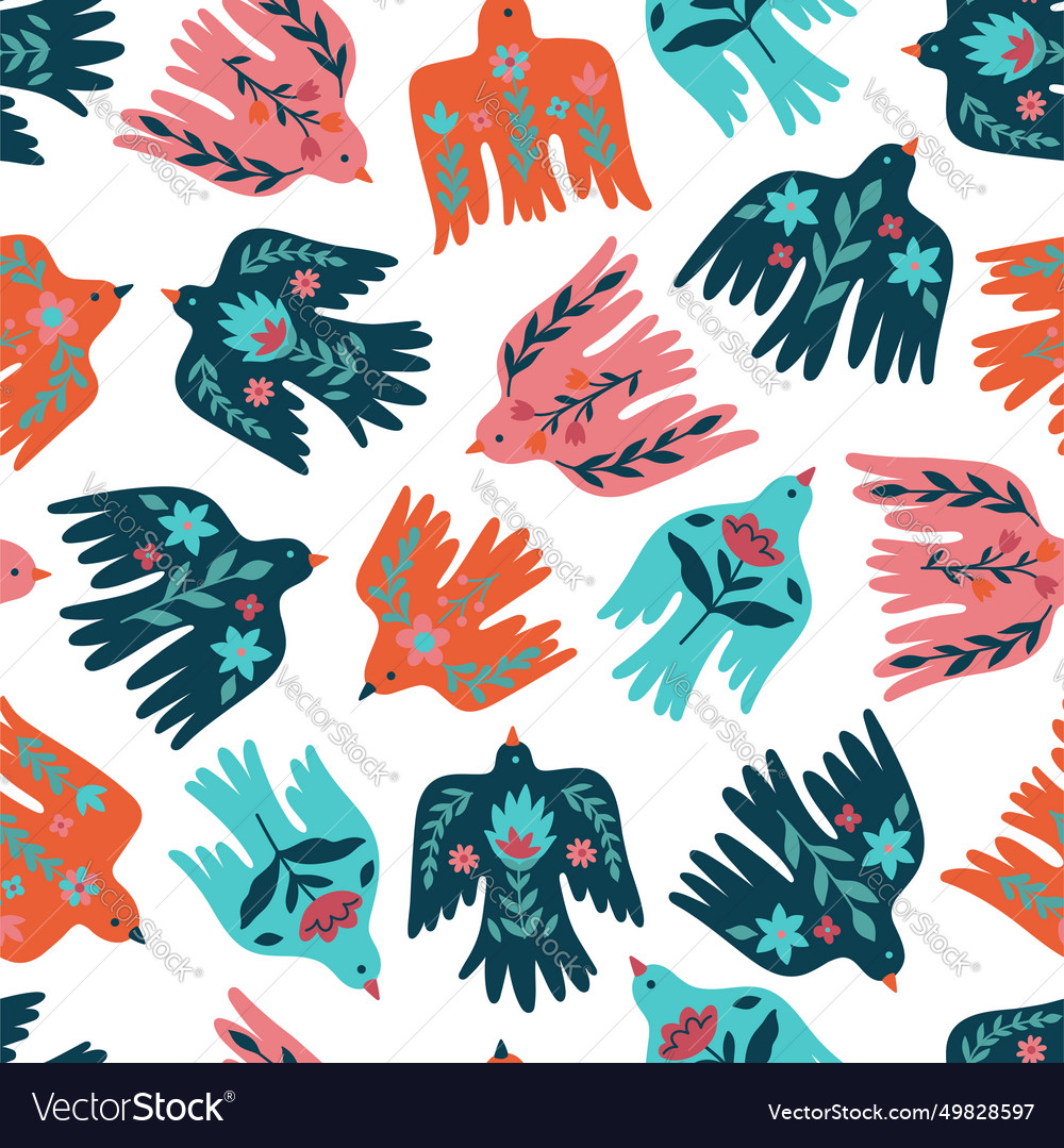 Seamless pattern of spring floral flying birds Vector Image