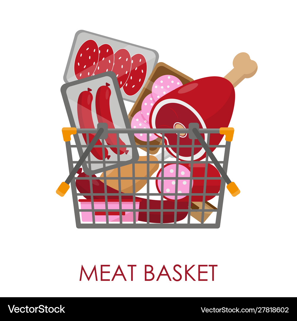 Shopping basket full meat products Royalty Free Vector Image