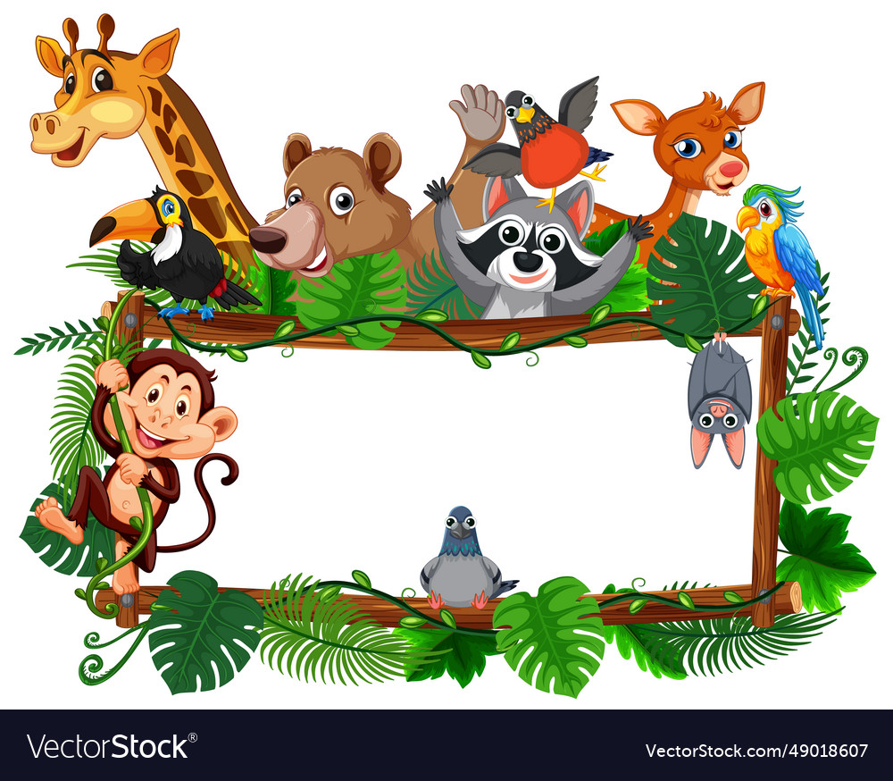 Zoo animals on wooden frame with tropical plants Vector Image