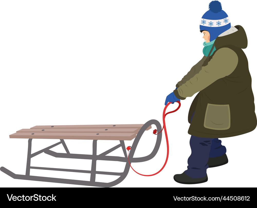 Little child pulls the sled cartoon character Vector Image
