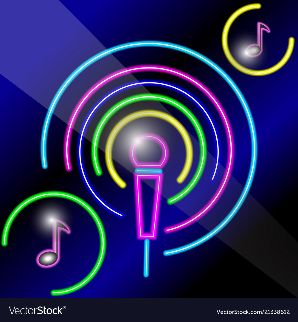 Neon microphone with notes Royalty Free Vector Image