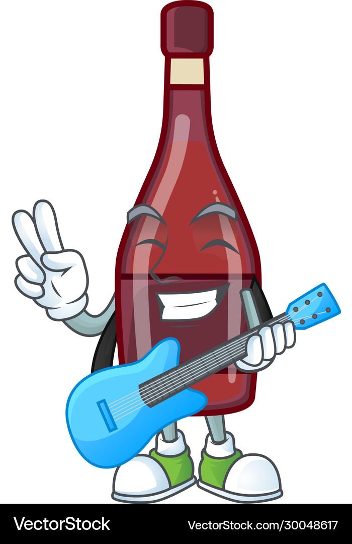 A mascot red bottle wine performance with guitar Vector Image