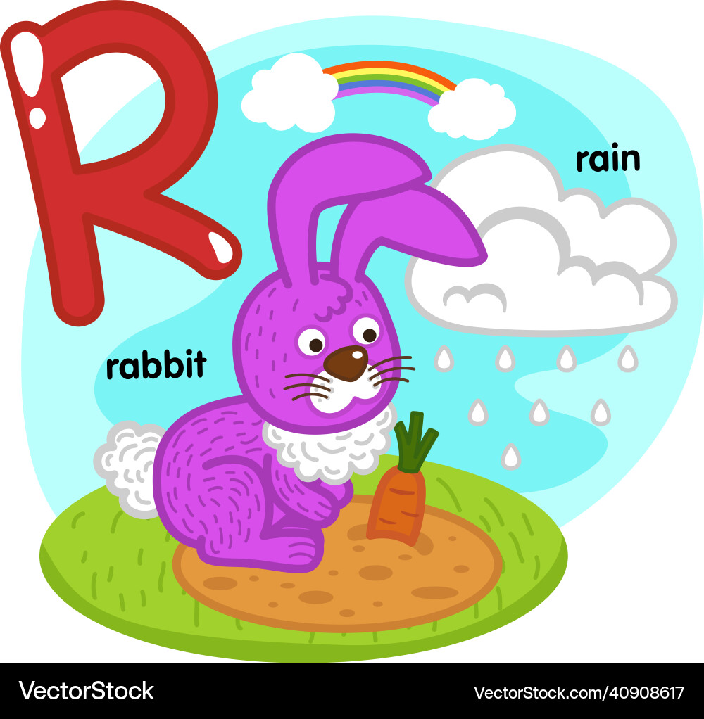 Alphabet isolated letter r-rabbit-rain Royalty Free Vector