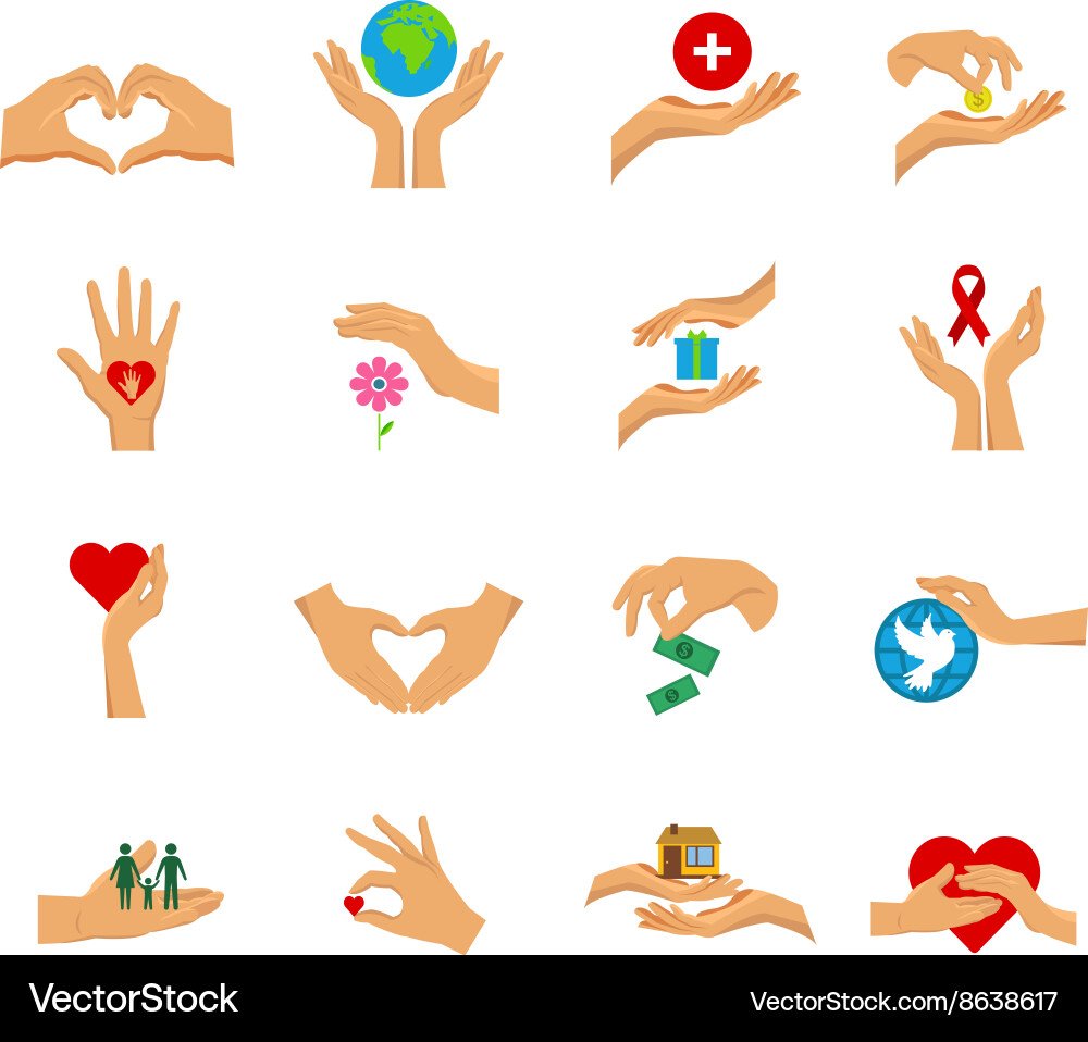 Charity hands flat icon isolated set Royalty Free Vector
