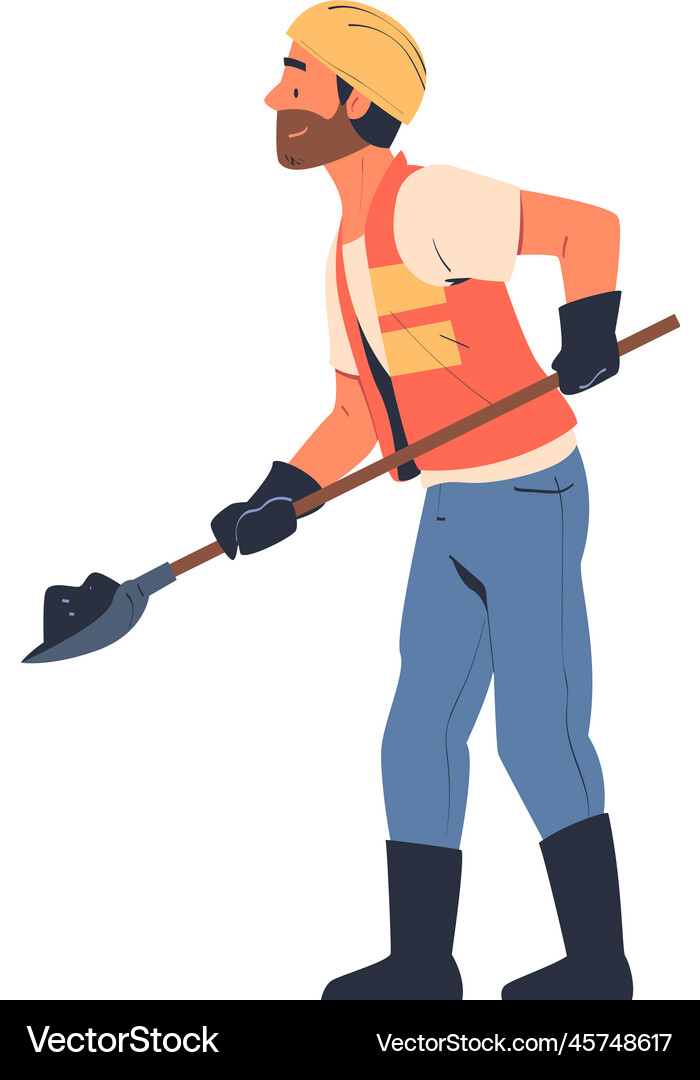 Road worker in hard hat and orange vest digging Vector Image
