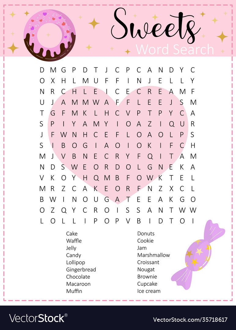 Sweets Word Search Puzzle Party Card Royalty Free Vector