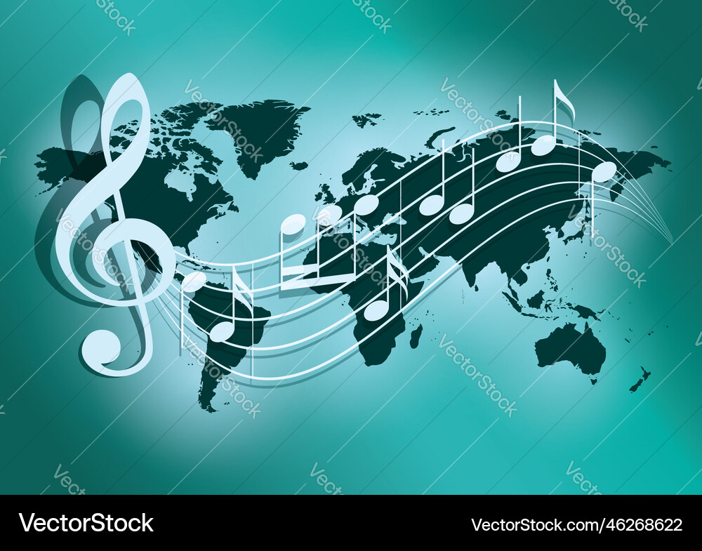 Green background with wavy music notes and world Vector Image