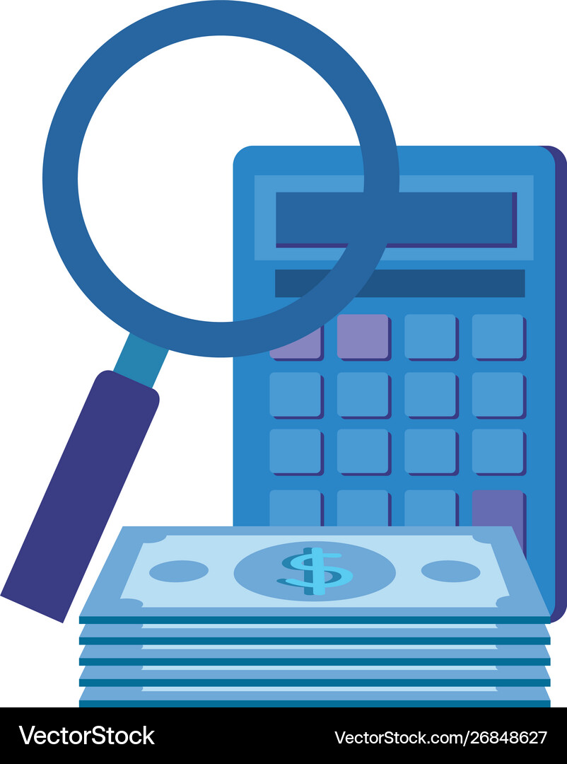Calculator math with magnifying glass and money Vector Image