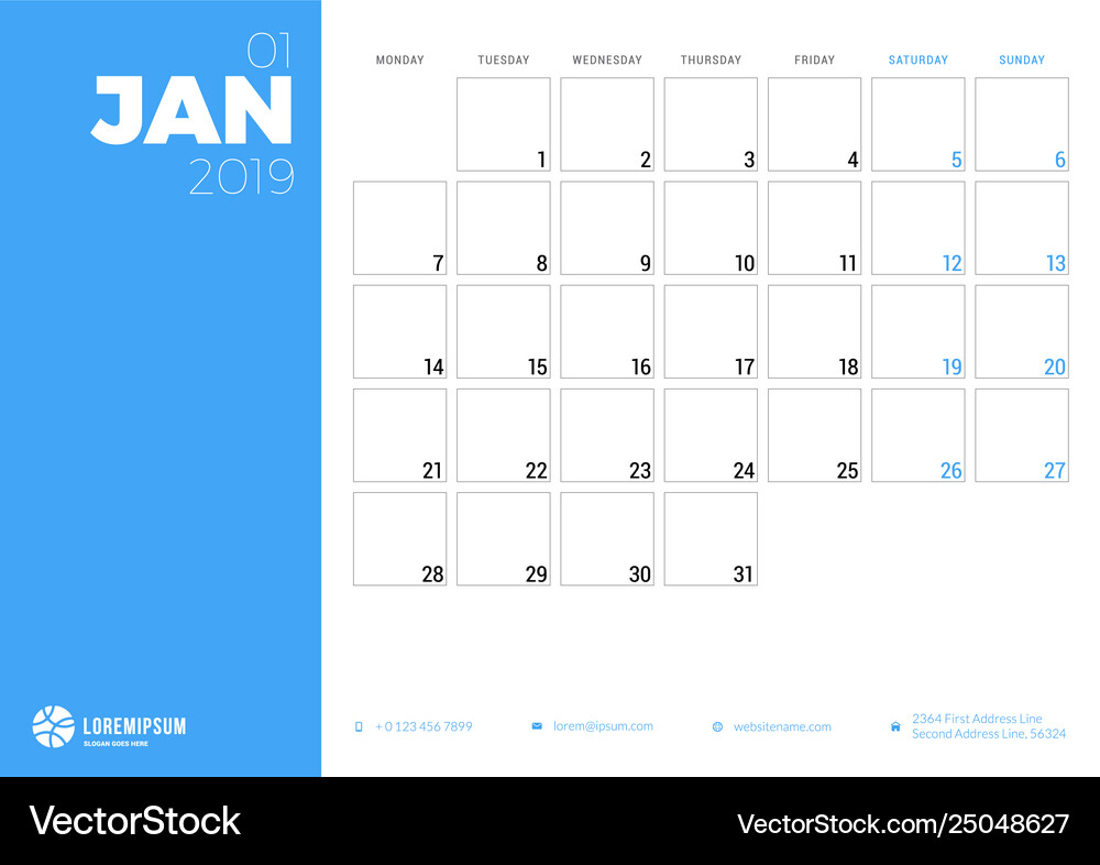 Calendar planner for january 2019 week starts Vector Image