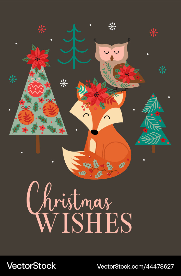 Greeting card with fox owl christmas trees Vector Image