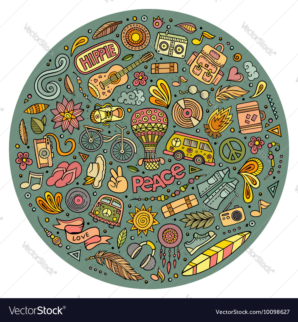 Set of hippie cartoon doodle objects Royalty Free Vector