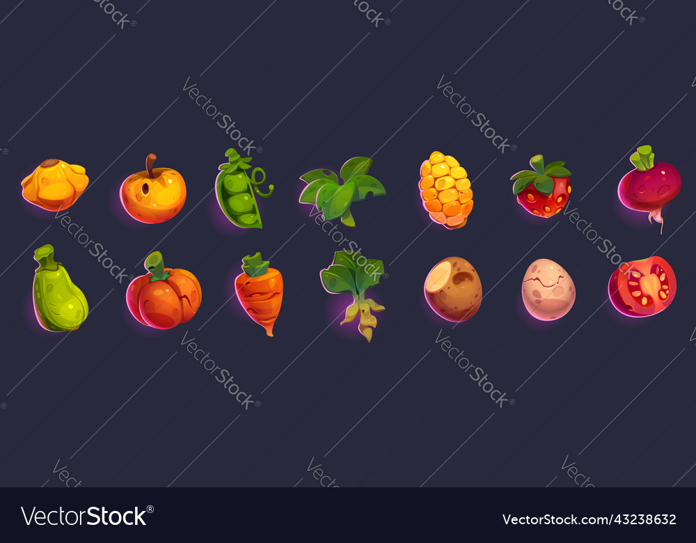 Game icons of fruit vegetables and egg Royalty Free Vector