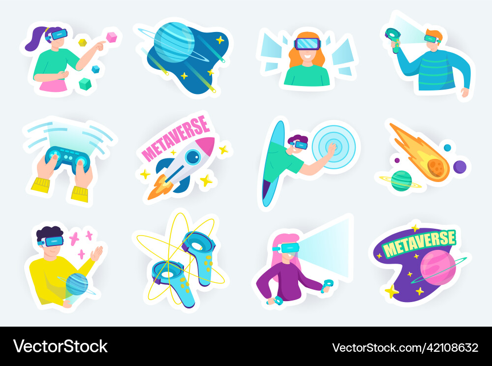 Metaverse cute stickers set in flat cartoon design