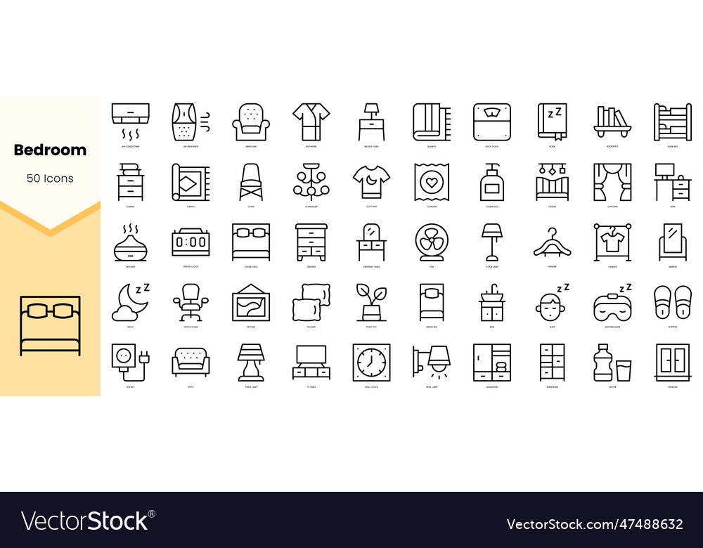 Set of bedroom icons simple line art style Vector Image