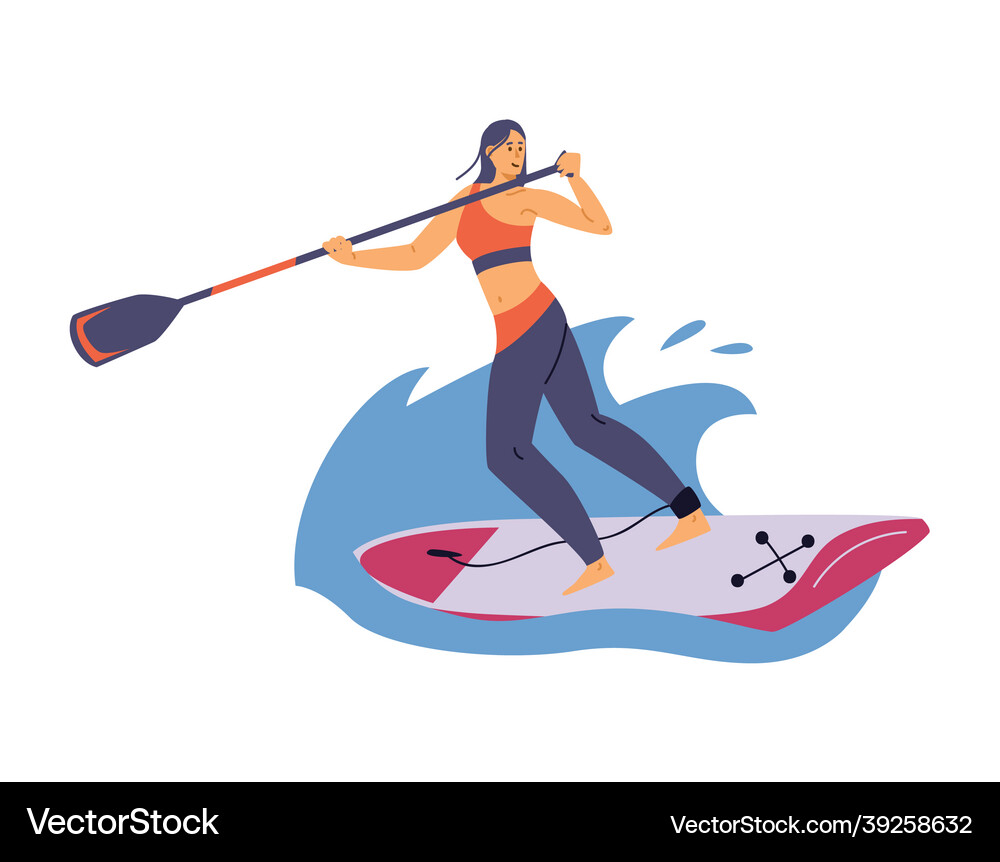 Woman rowing standing on wide paddle board flat Vector Image