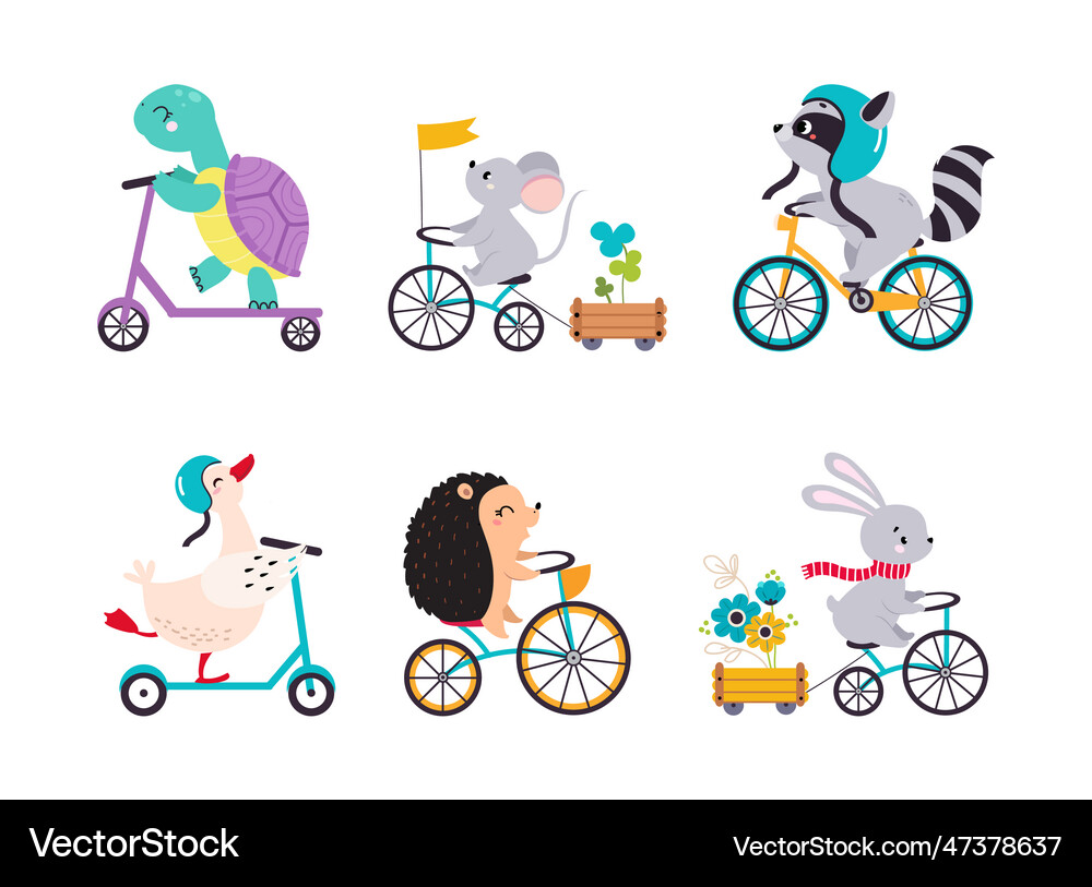 Cute animal riding bicycle and scooter Royalty Free Vector