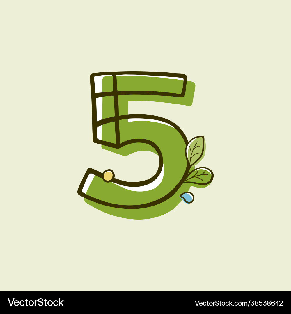 Eco style number five logo hand-drawn with a Vector Image