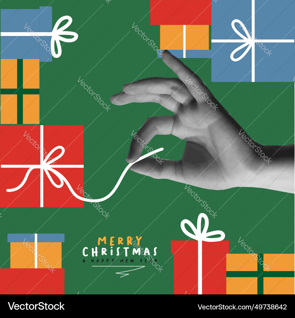 Hand open christmas gift box in retro collage Vector Image