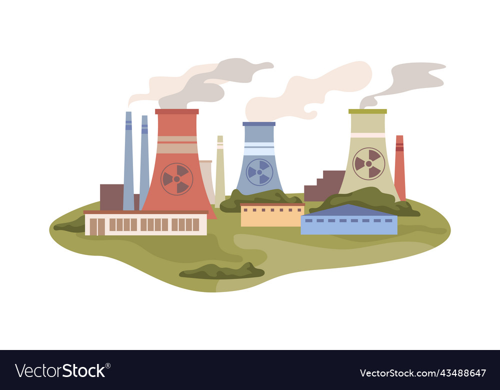 Nuclear power plant reactors with cooling towers Vector Image