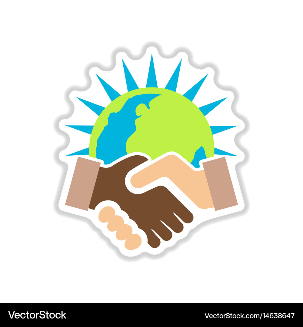 Paper sticker on white background handshake earth Vector Image