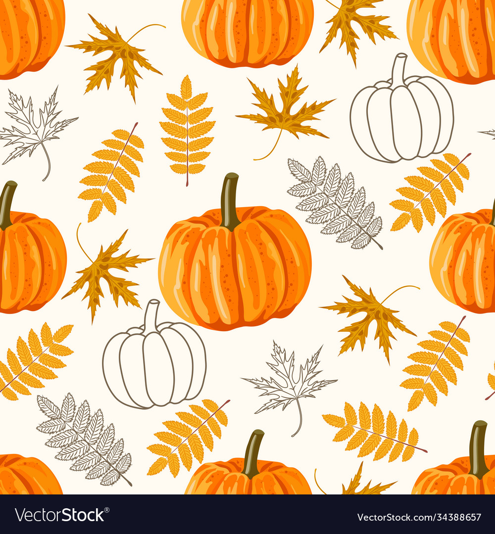 Seamless pattern with leaves and pumpkins Vector Image