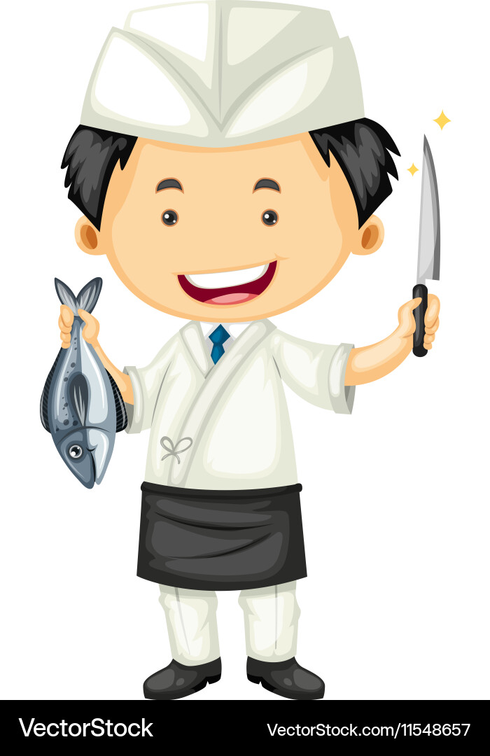 Sushi chef holding fish and knife Royalty Free Vector Image