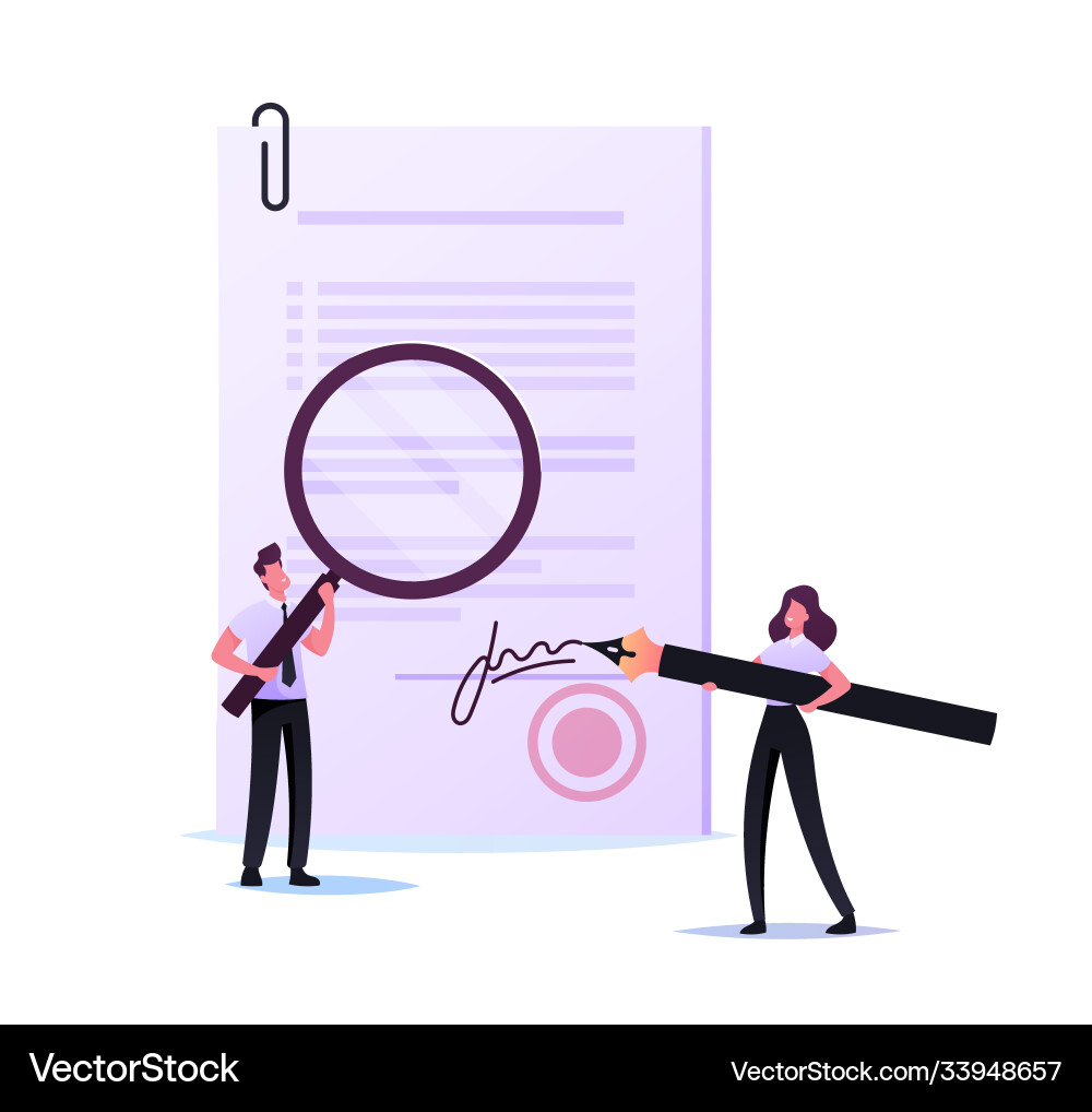 Tiny woman notary or lawyer signing document with Vector Image