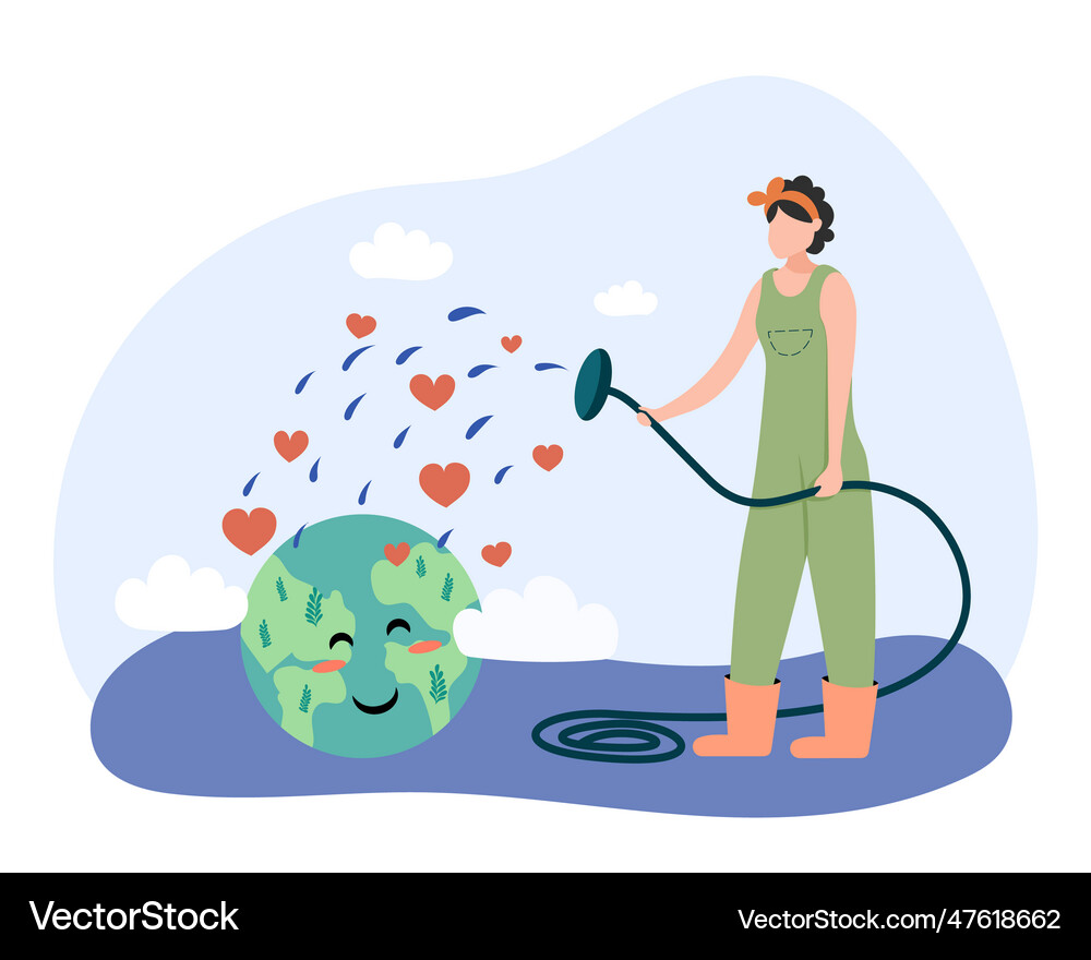 Young lady holding watering system and watering Vector Image