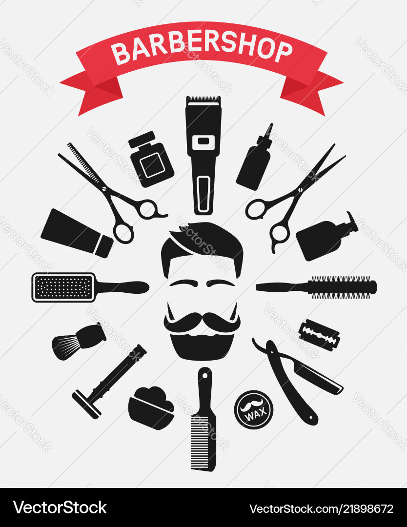 Barbershop tools around male face Royalty Free Vector Image