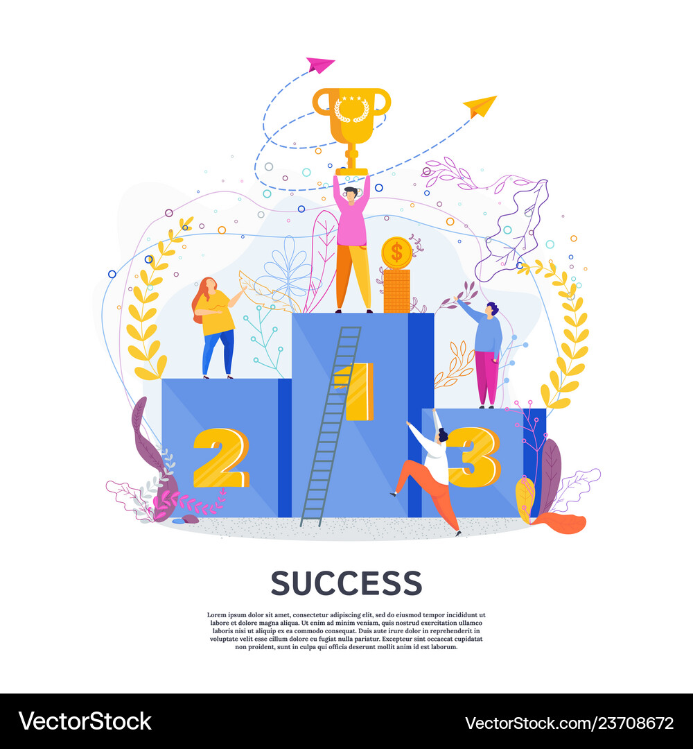 Winner on first step of podium raises cup Vector Image