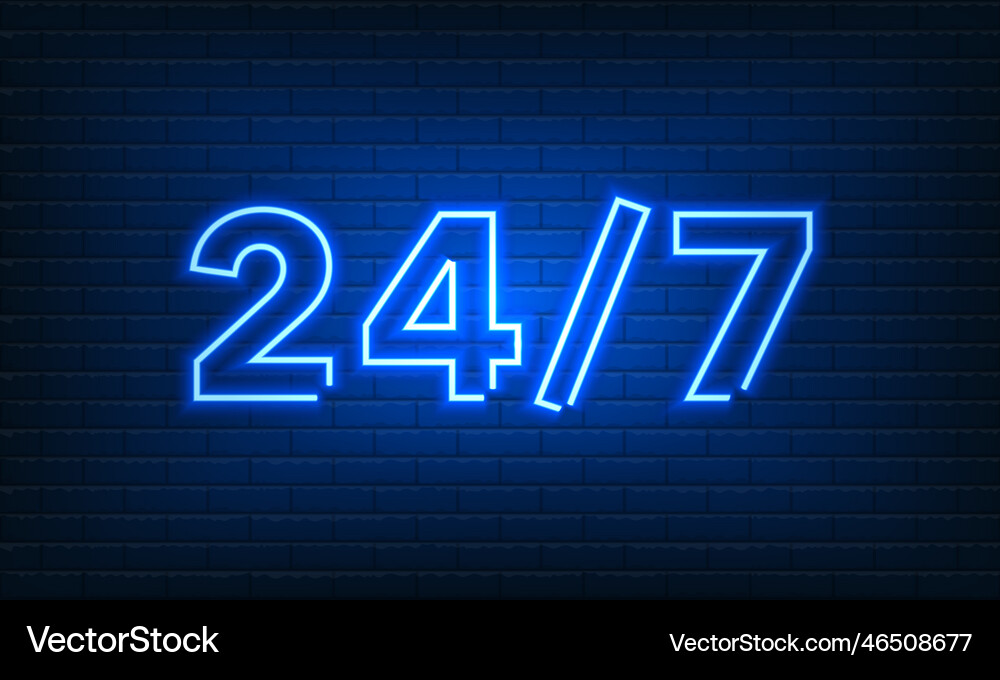 Neon blue sign open 24 7 hours on brick wall Vector Image