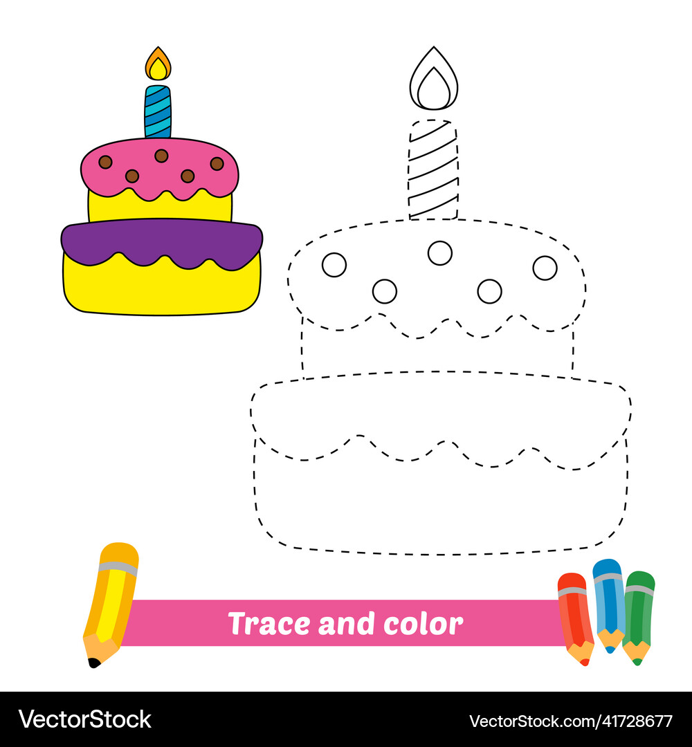 Trace and color for kids cake Royalty Free Vector Image