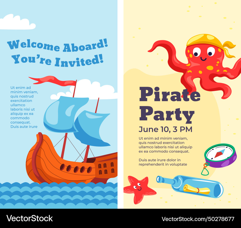 Welcome aboard invitation on pirate party posters Vector Image