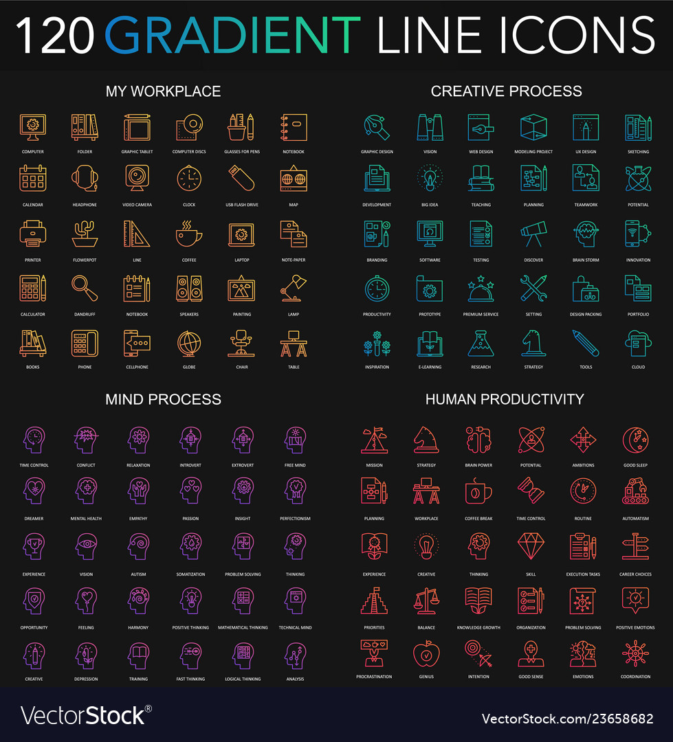 120 trendy gradient style thin line icons set Vector Image