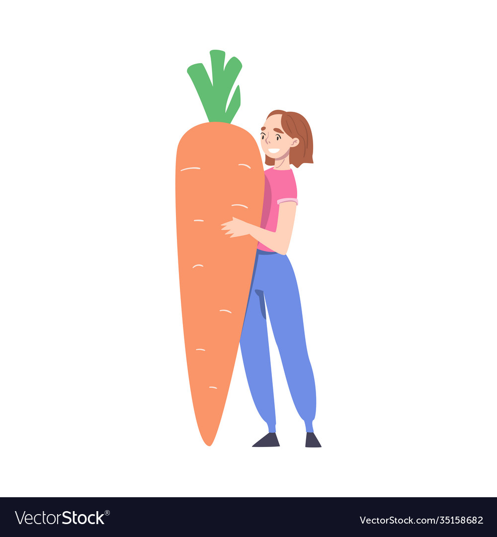 Happy smiling girl holding huge carrot Royalty Free Vector