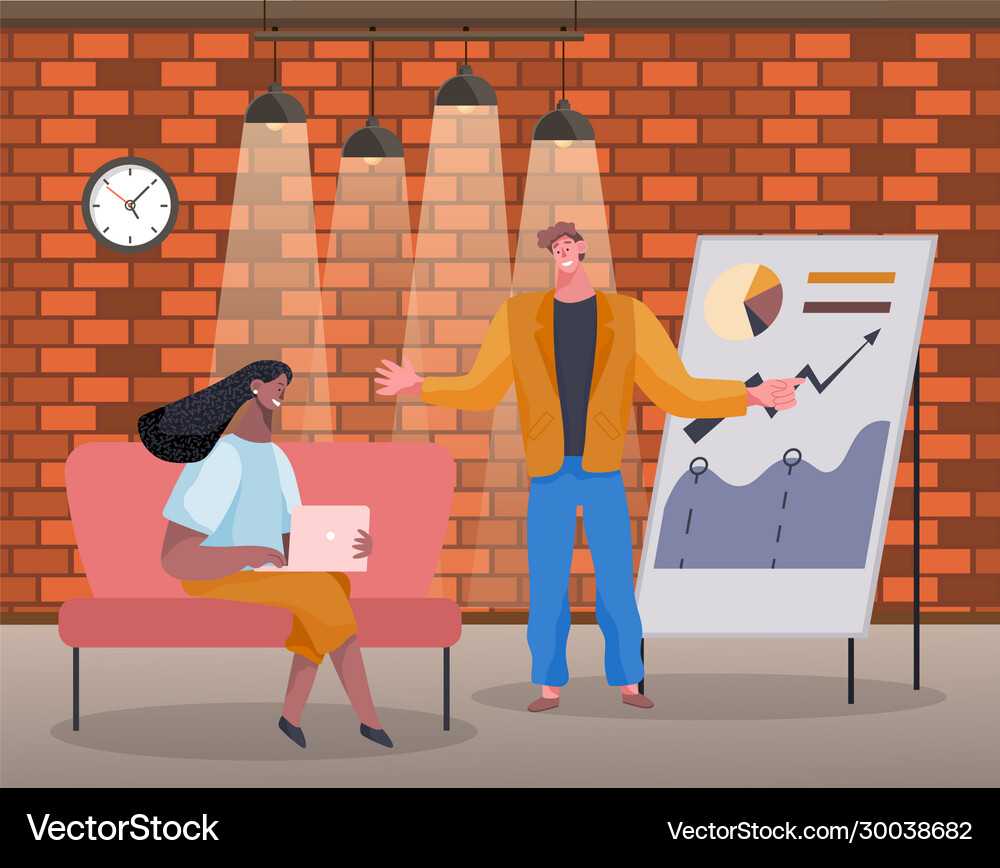 People in office with graph and laptop Royalty Free Vector