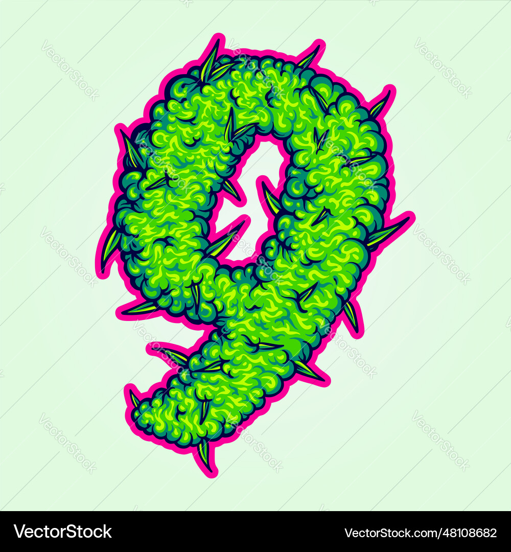 Weed monogram letter number 9 with hemp buds Vector Image