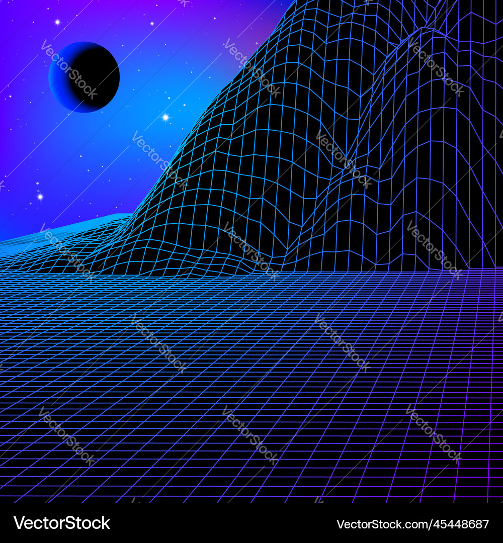 Landscape with wireframe grid of 80s styled retro Vector Image