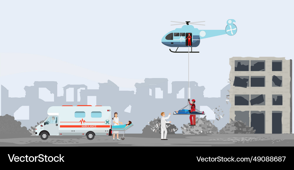 Rescue helicopter and emergency people Royalty Free Vector