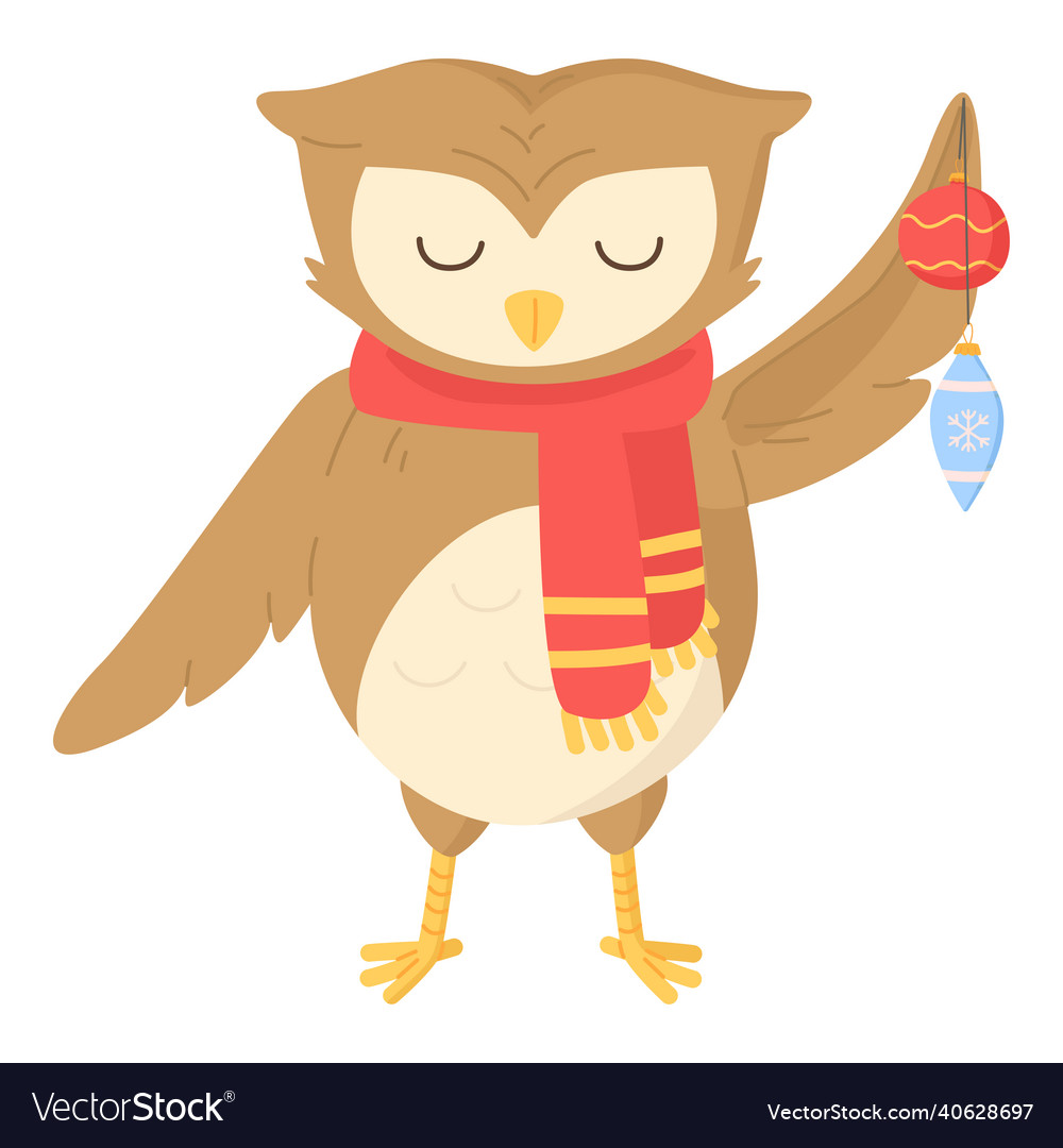 Cute owl with scarf decorating christmas tree Vector Image