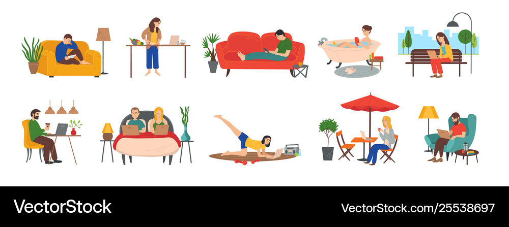 People using internet in phones and laptops set Vector Image